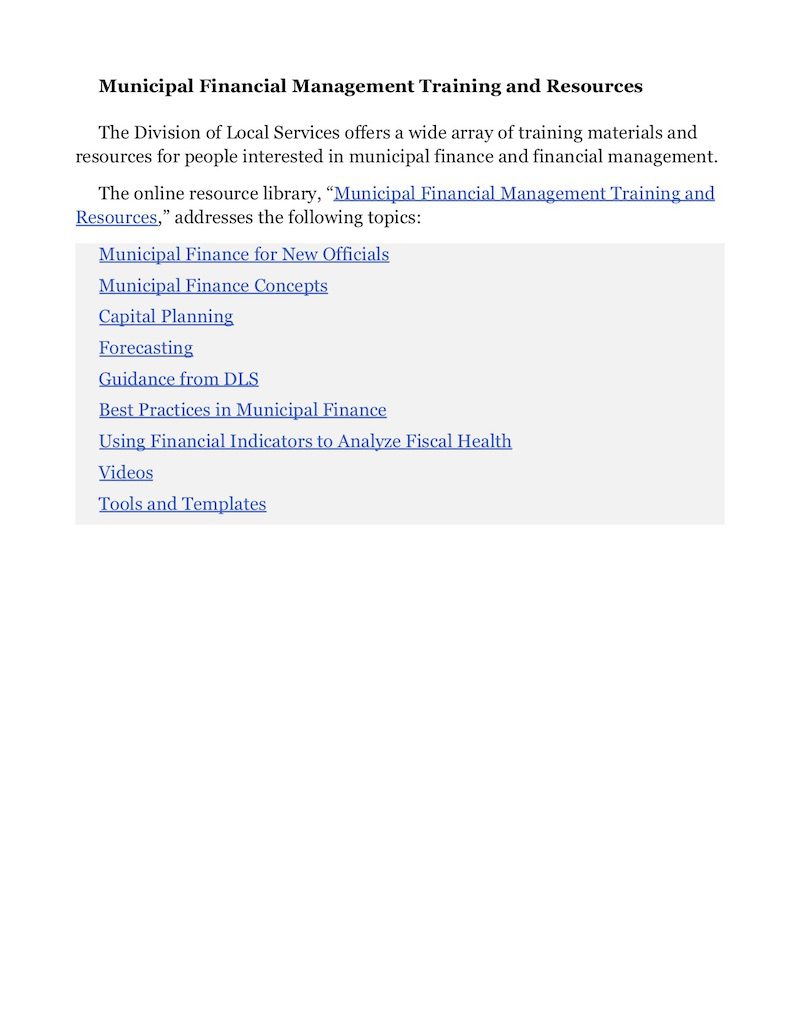 Municipal Financial Management Training and Resources - Massachusetts ... Municipal Financial Management Training and Resources - Massachusetts ...